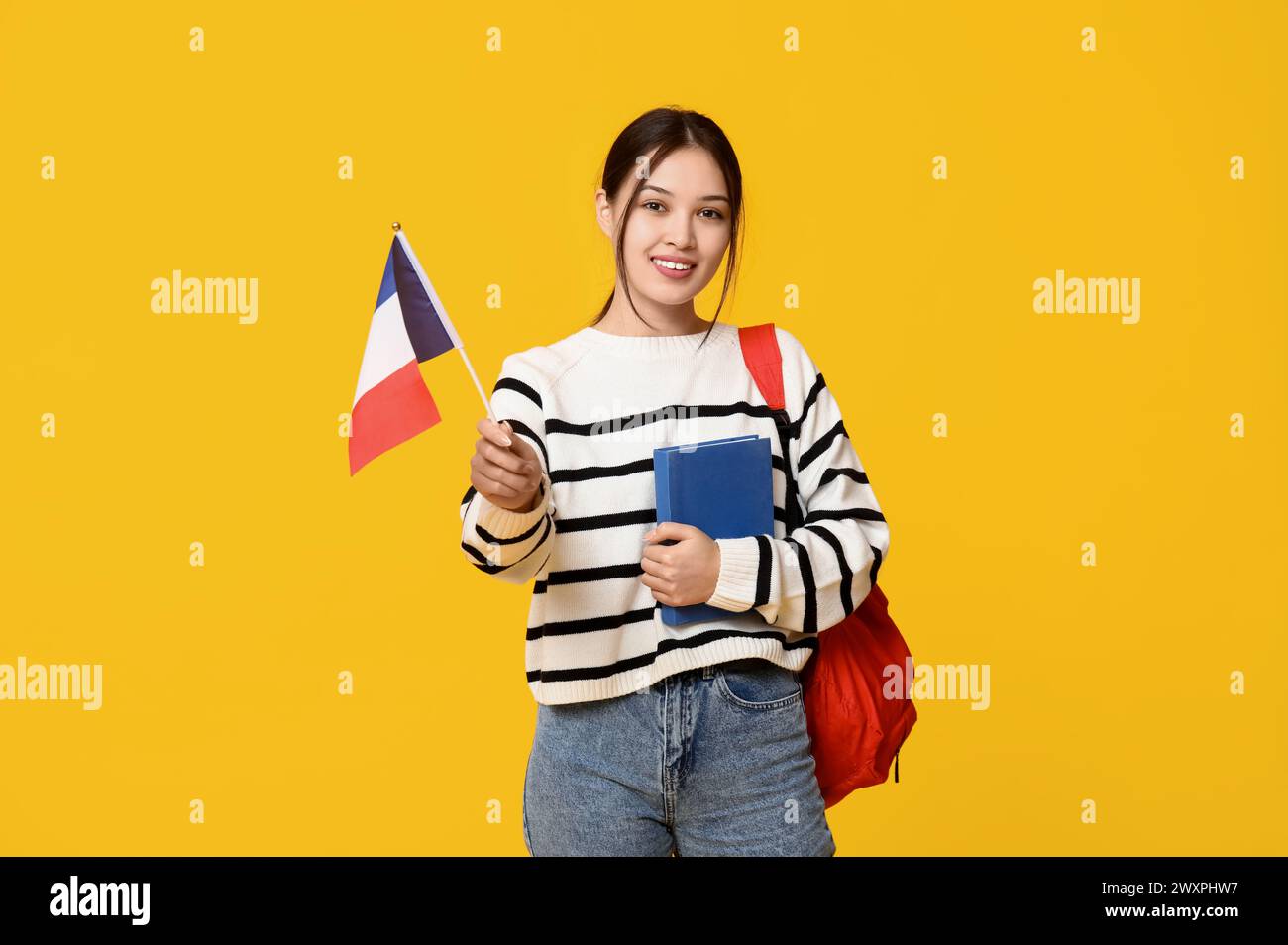 Female student with French flag and book on yellow background Stock ...