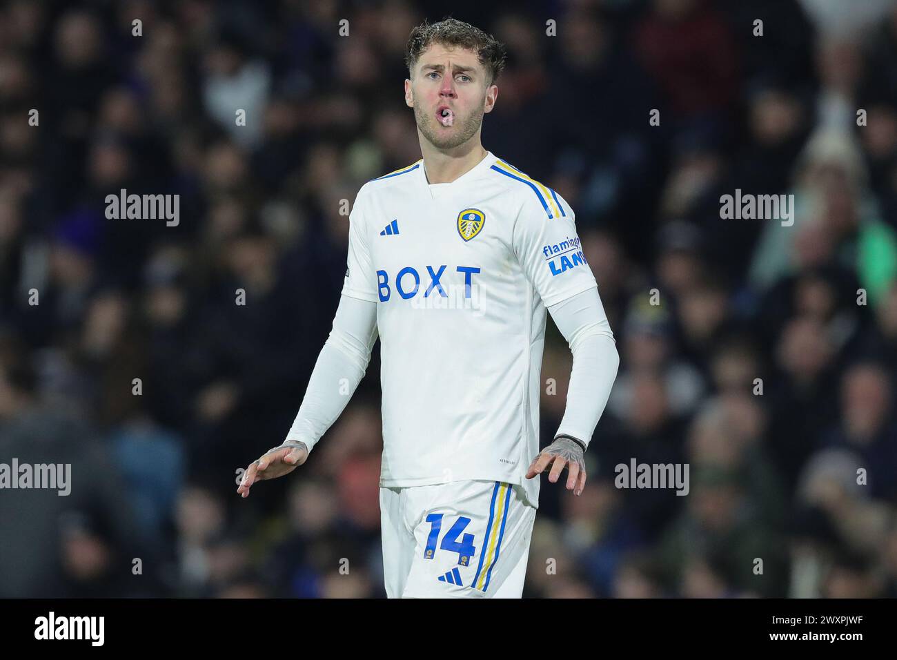 Joe Rodon of Leeds United gestures and reacts during the Sky Bet ...