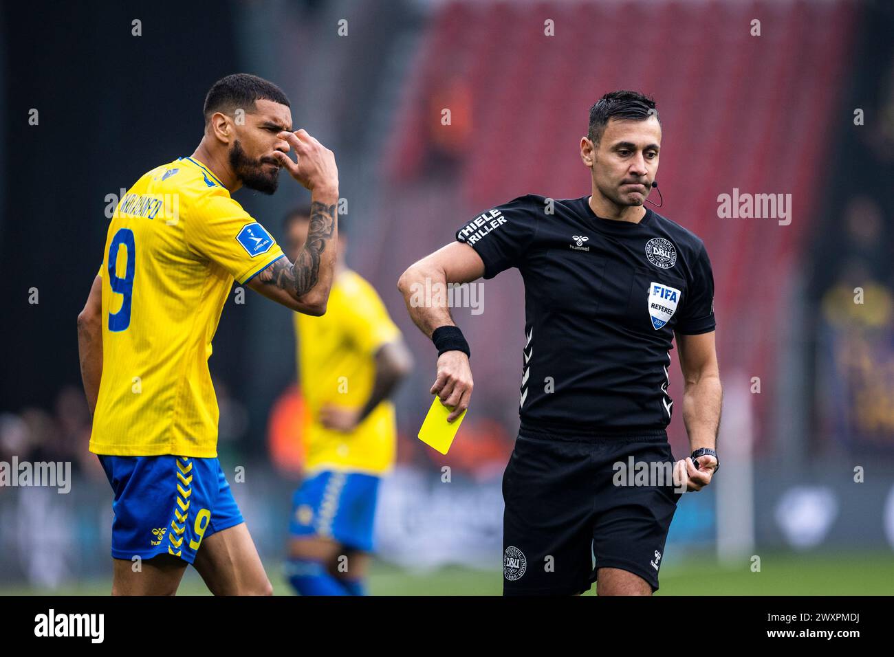 Copenhagen, Denmark. 01st Apr, 2024. Referee Sandi Putros books Ohi ...
