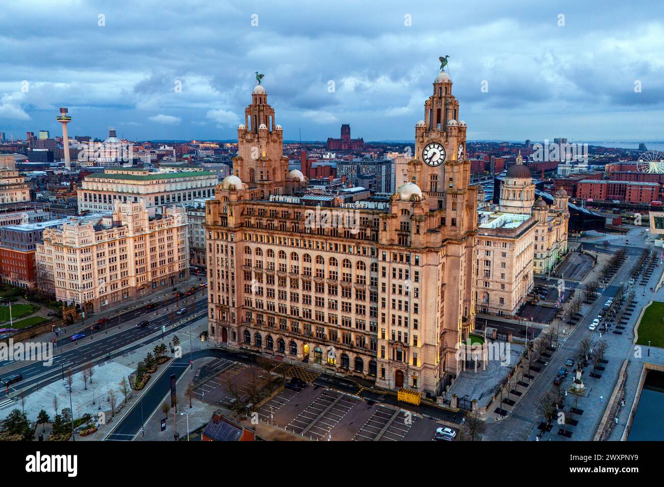 An aerial view of The Royal Liver Buildings in Liverpool, Merseyside ...