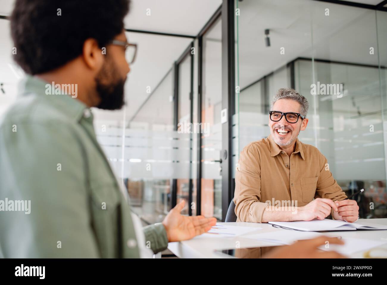 Two male professional colleagues are engaged in a friendly discussion ...