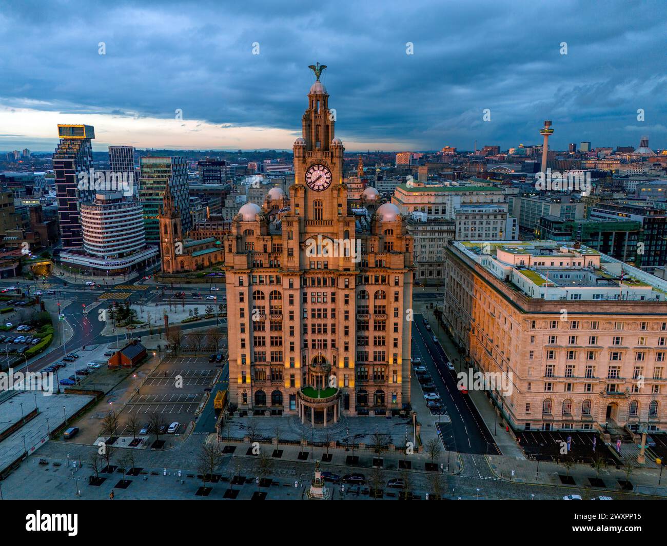 An aerial view of The Royal Liver Buildings in Liverpool, Merseyside ...