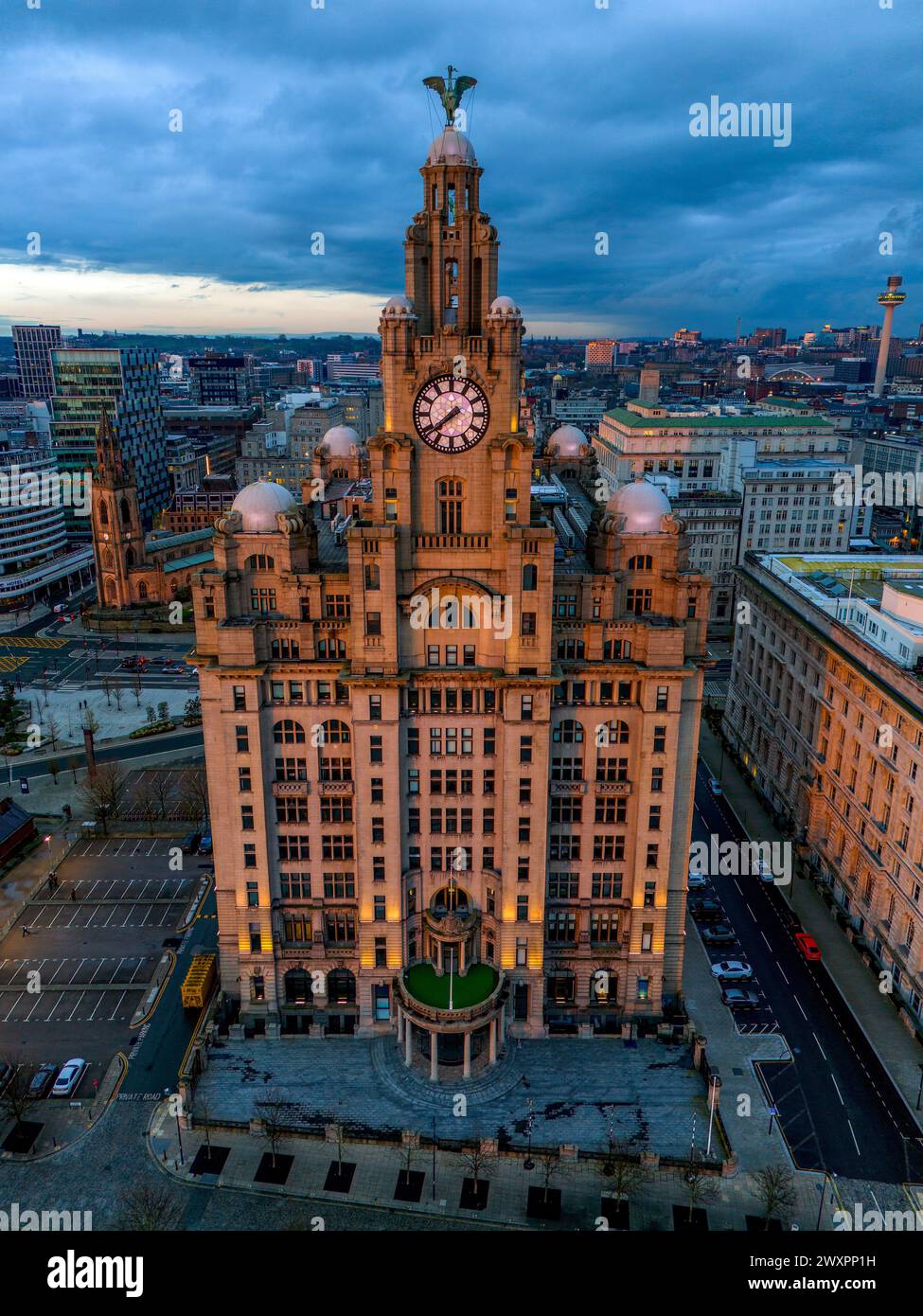 An aerial view of The Royal Liver Buildings in Liverpool, Merseyside ...