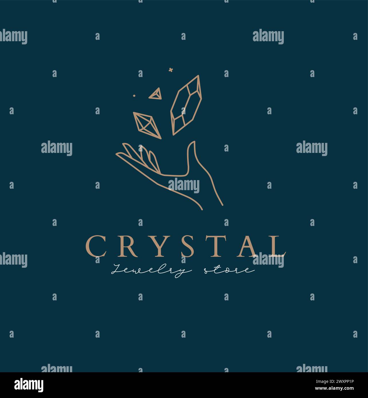 Hand with diamond and lettering crystal jewelry store drawing in linear ...