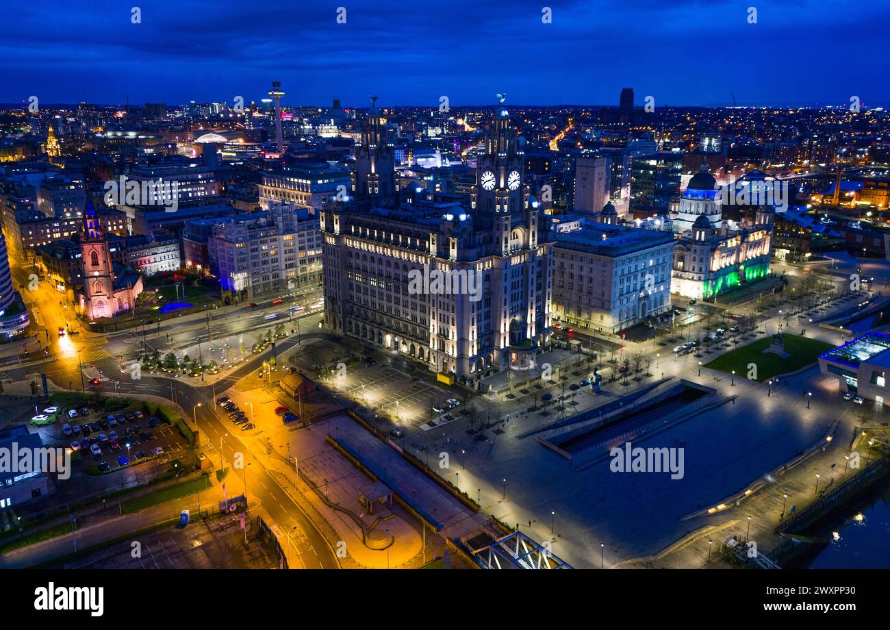 An aerial view of The Royal Liver Buildings in Liverpool, Merseyside ...