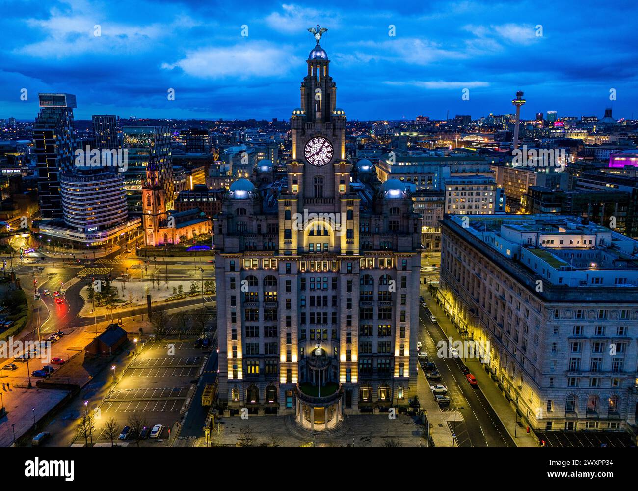 An aerial view of The Royal Liver Buildings in Liverpool, Merseyside ...