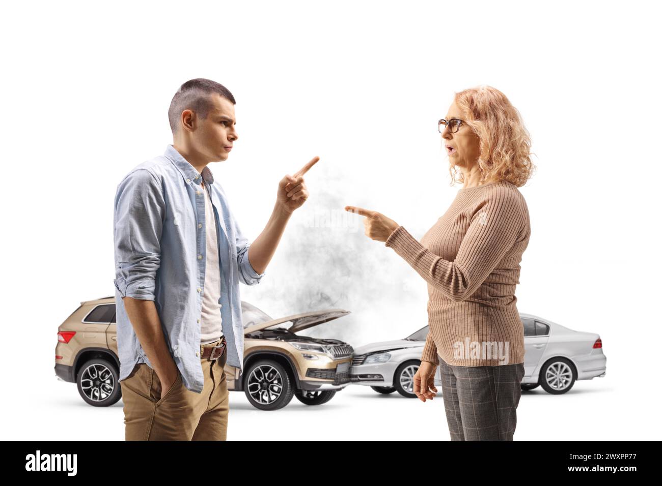 Woman and a young man having an argument about a car crash isolated on ...