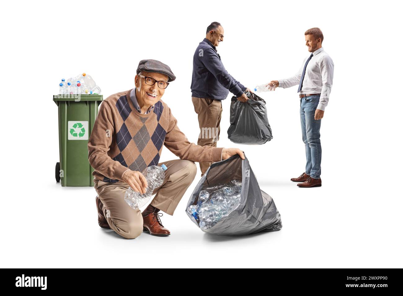 Men collecting plastic bottles for recycling isolated on white ...