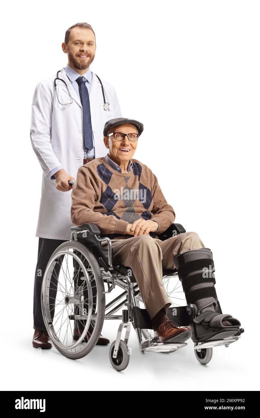 Patient with a leg brace sitting in a wheelchair with a doctor behind ...