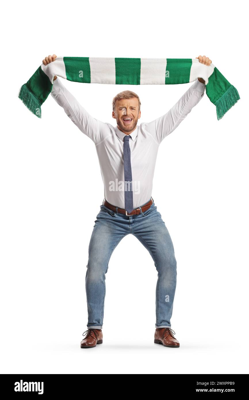 Businessman cheering with a green and white scarf isolated on white ...