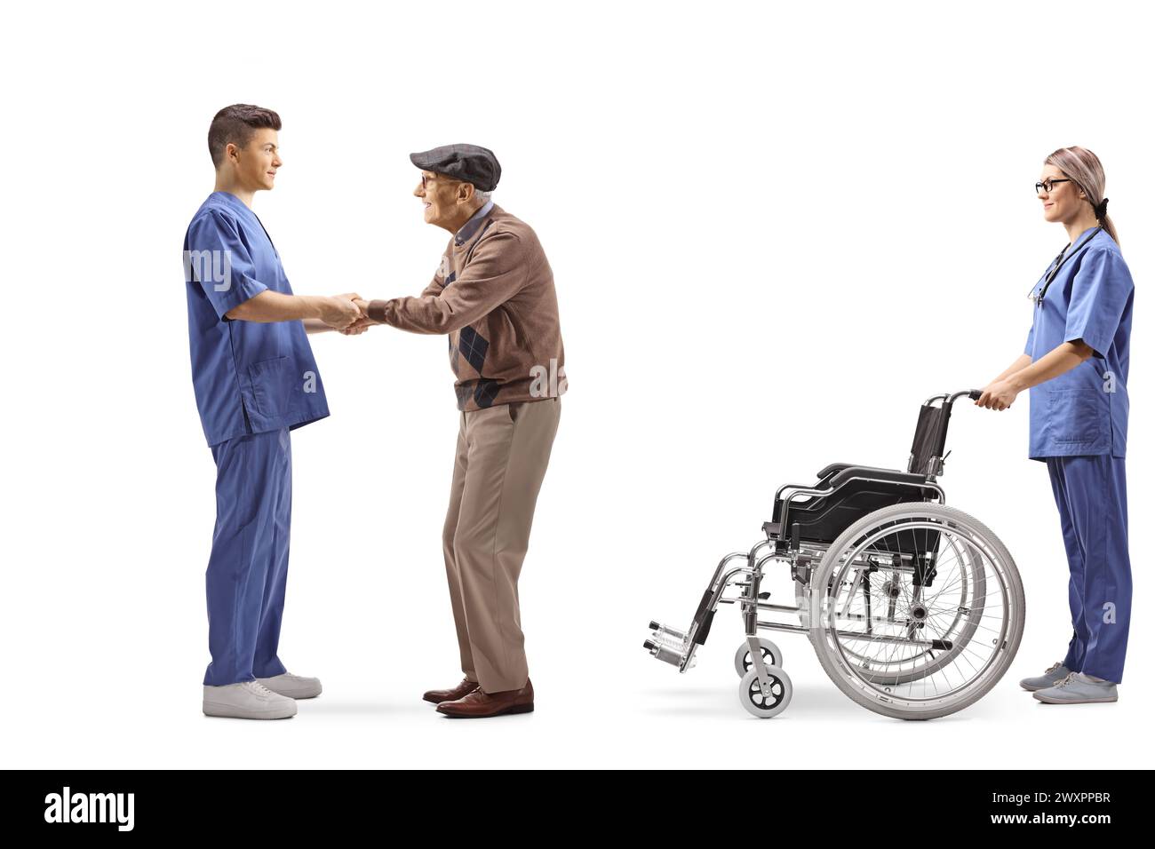 Health care worker and a nurse giving support to an elderly patient ...