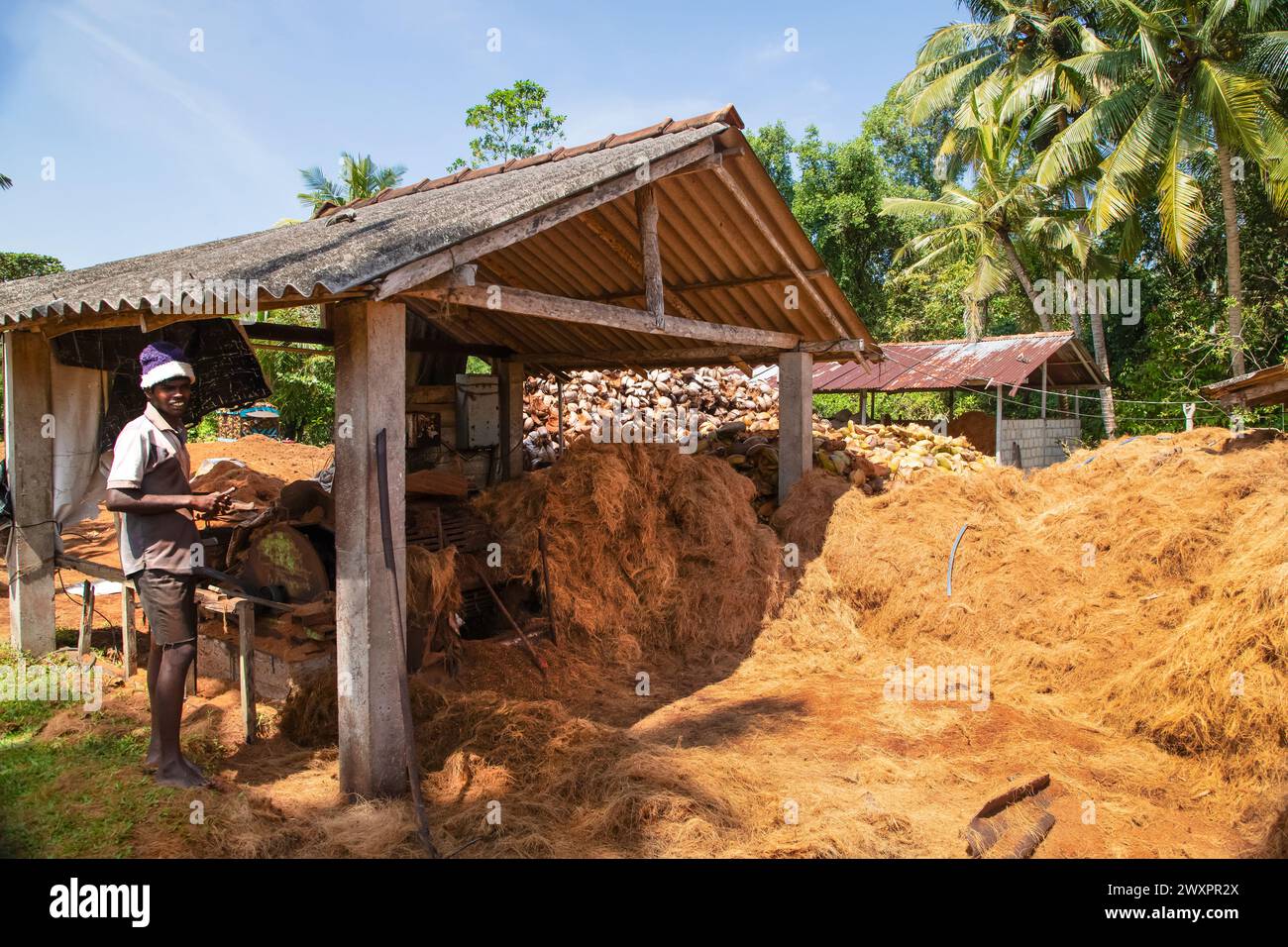 Kalutara, Sri Lanka 09 .02 2023.Three stages of coconut coir rope ...