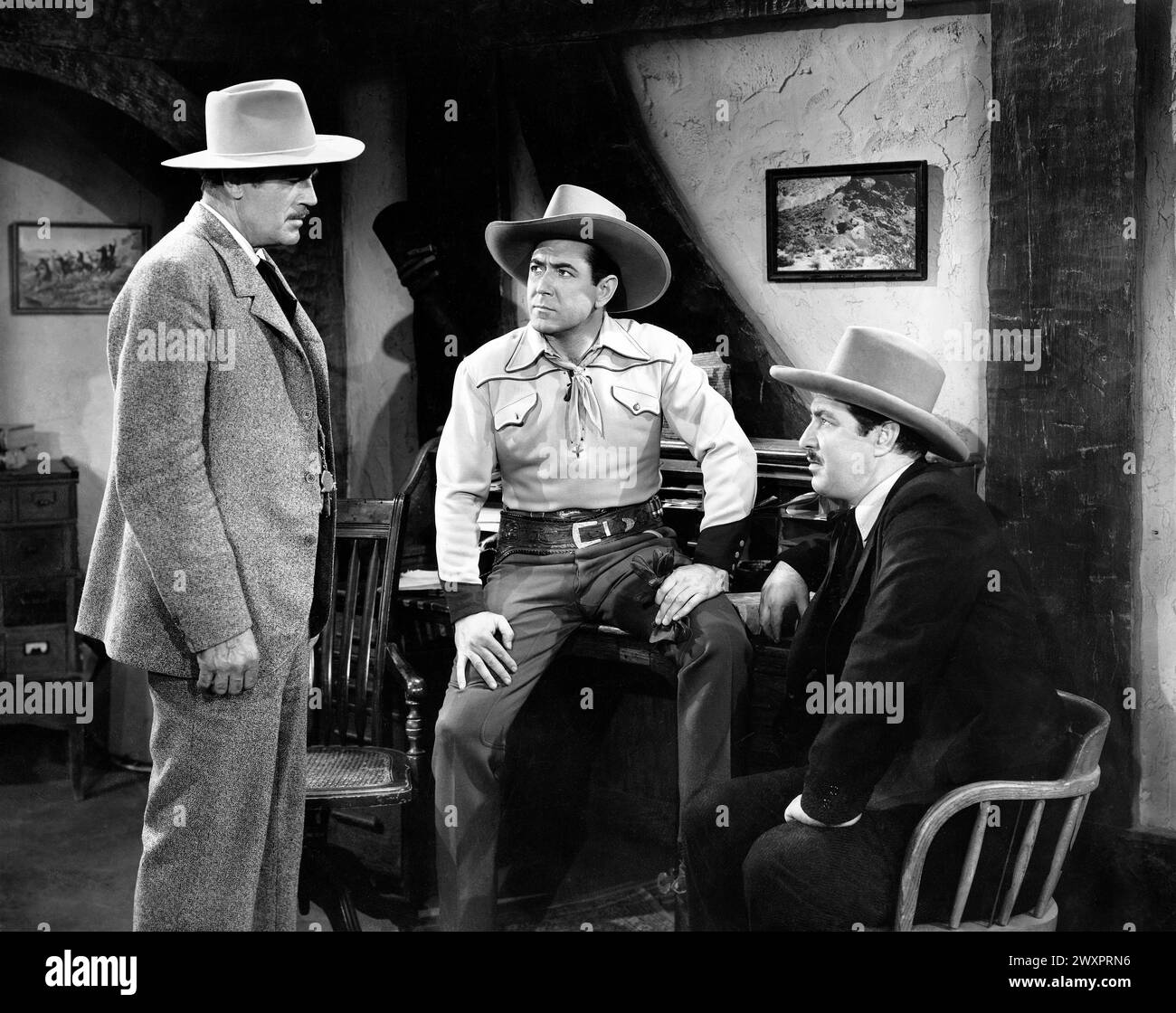 Johnny Mack Brown (center), Robert Barron (right), on-set of the film ...