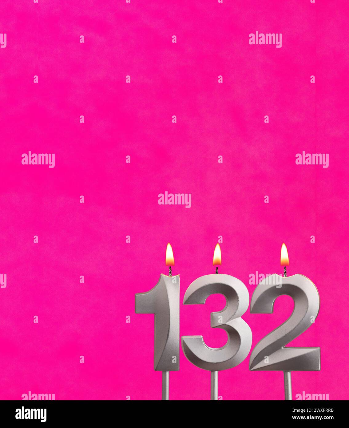 Candle 132 with flame - Birthday card in fuchsia background Stock Photo ...