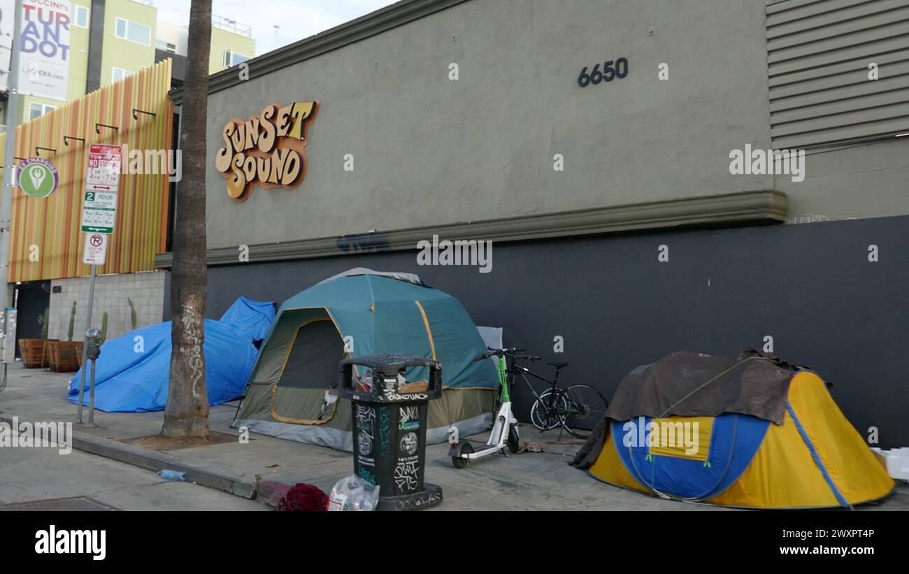 Los Angeles, California, USA 31st March 2024 Homeless Tents Camps at Sunset Sound Recording ...