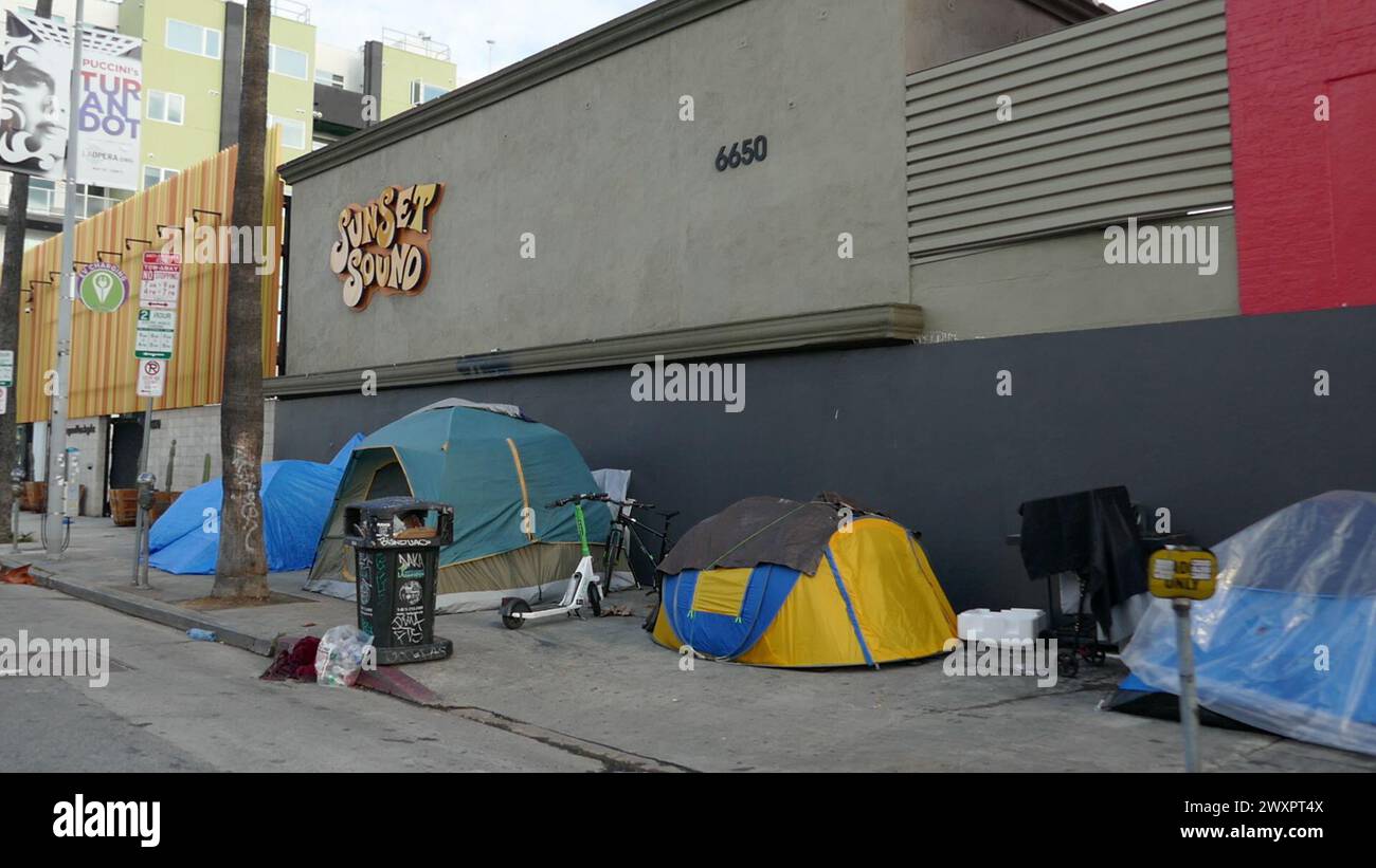 Los Angeles, California, USA 31st March 2024 Homeless Tents Camps at Sunset Sound Recording ...