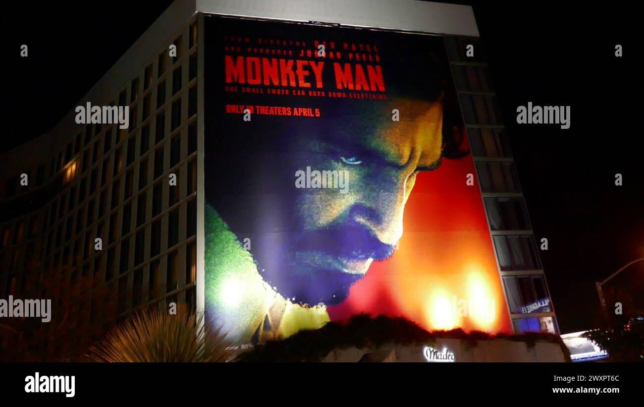 Los Angeles, California, USA 31st March 2024 Dev Patel & Jordan Peele Monkey Man Billboard on ...