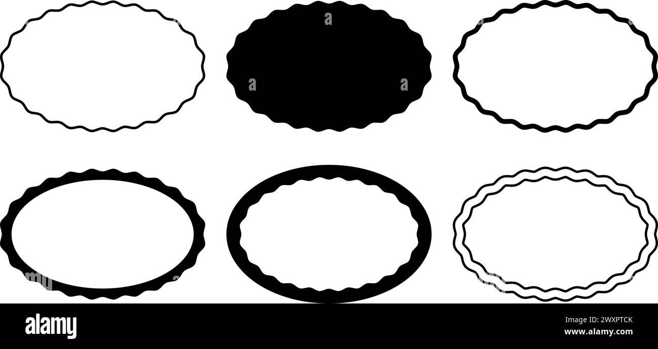Set of oval frames with wavy edges. Ellipse shapes with undulated ...