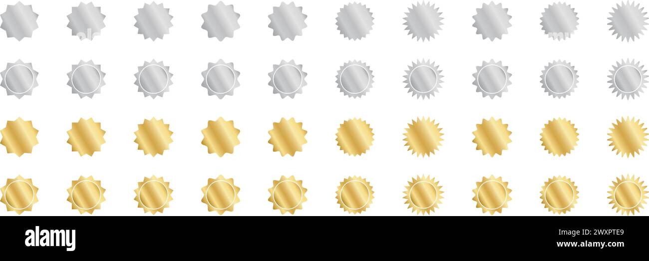 Set of silver and gold round stickers with wavy borders. Shining wiggly ...
