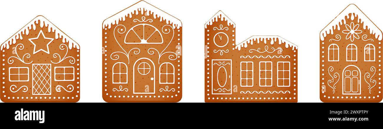 Set of gingerbread house cookies with icing glazed roofs. Cute ginger ...