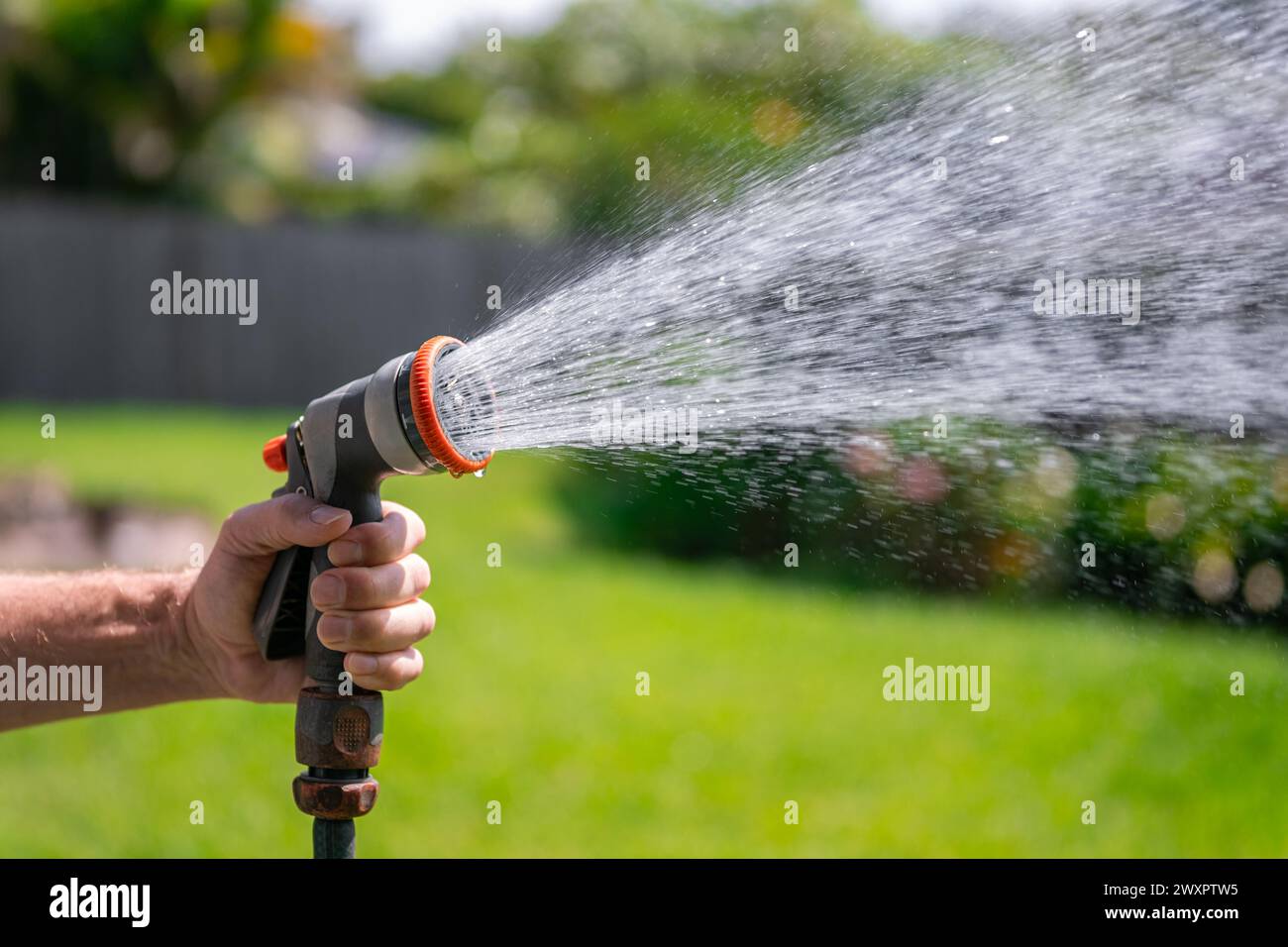 Garden hose with adjustable nozzle. Man's hand holding spray gun and ...