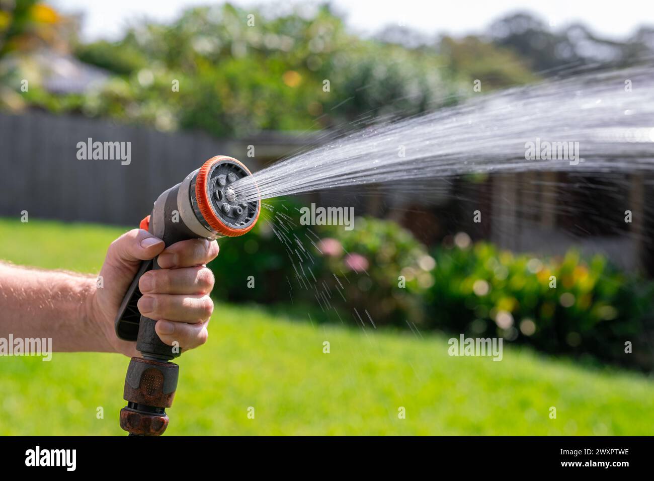 Garden hose with adjustable nozzle. Man's hand holding spray gun and ...
