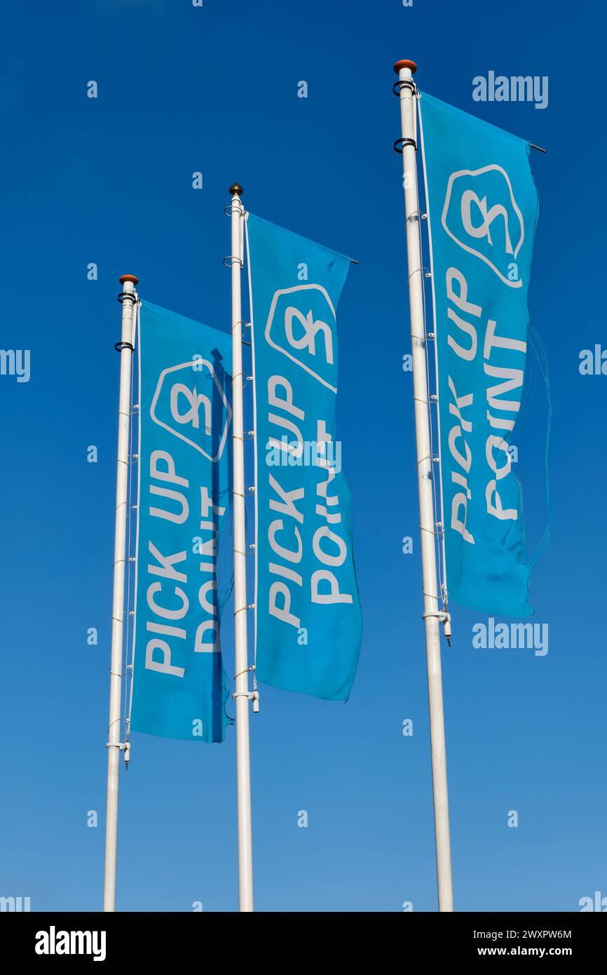 Albert Heijn pick up point logo on blue banners. Albert Heijn is the ...