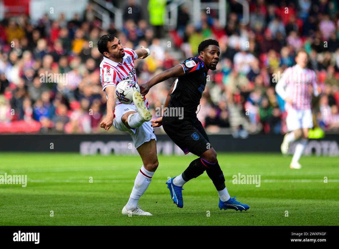 Stoke On Trent, UK. 01st Apr, 2024. Mehdi Léris of Stoke City brings ...