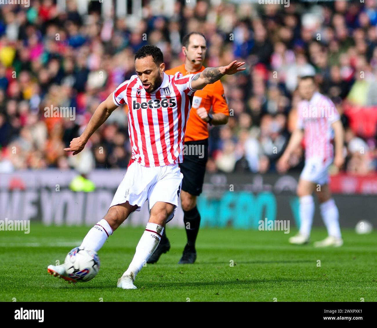 Stoke On Trent, UK. 01st Apr, 2024. Lewis Baker of Stoke City shoots on ...