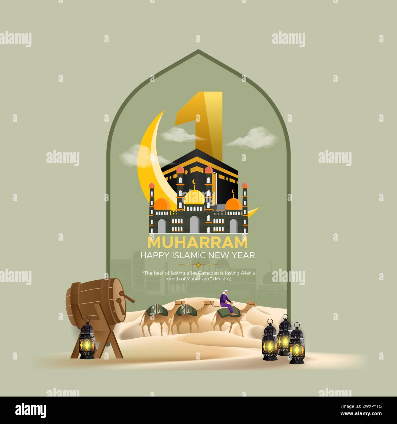 A simplistic Islamic New Year design featuring a desert landscape with ...