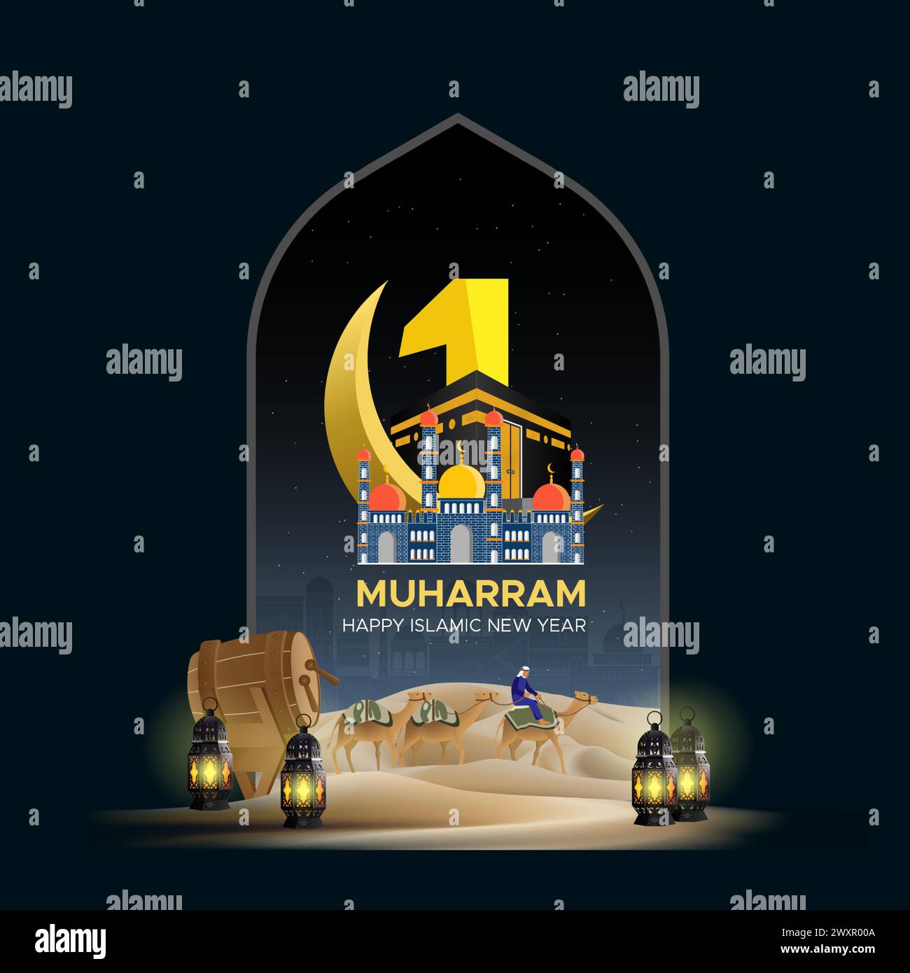 A simplistic Islamic New Year design featuring a desert landscape with ...
