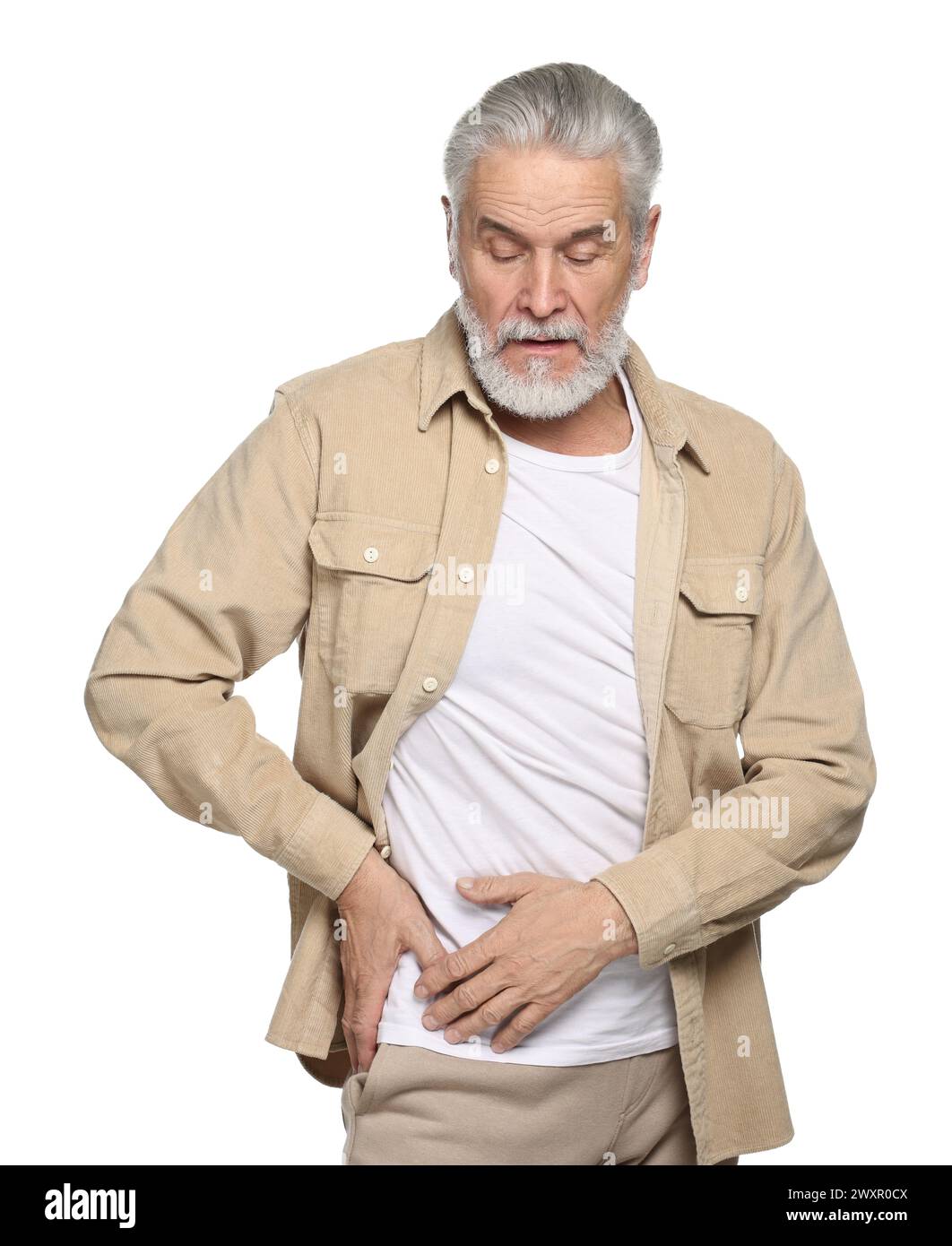 Arthritis symptoms. Man suffering from hip joint pain on white ...
