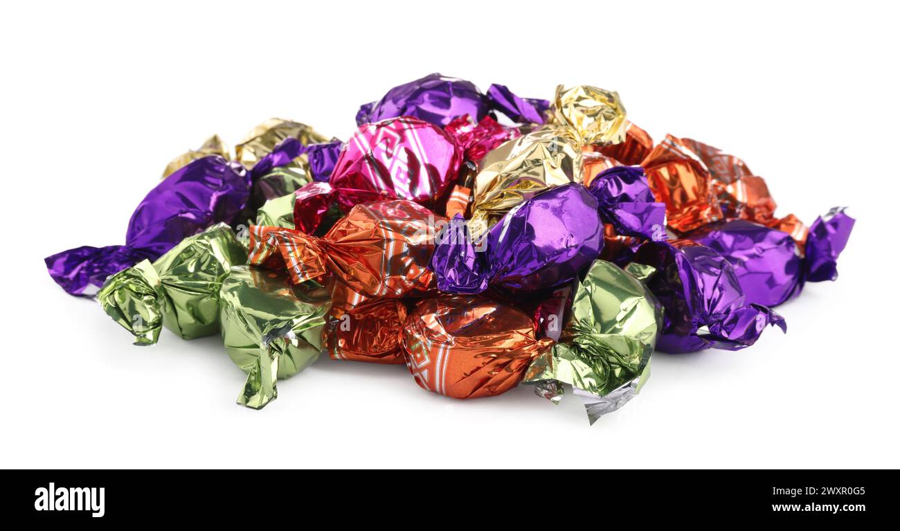 Candies in colorful wrappers isolated on white Stock Photo - Alamy