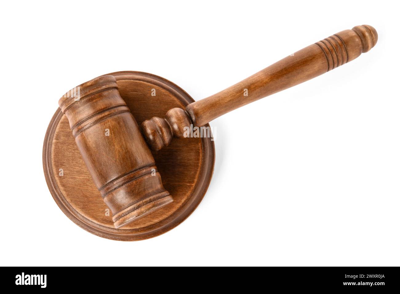 Wooden gavel isolated on white, top view. Small mallet Stock Photo - Alamy