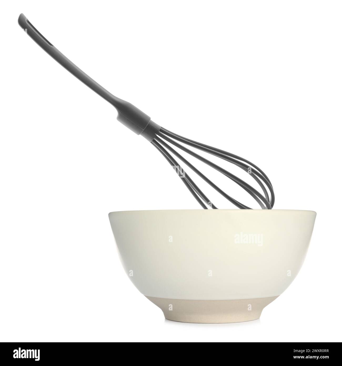 Plastic whisk and ceramic bowl isolated on white. Cooking utensils ...