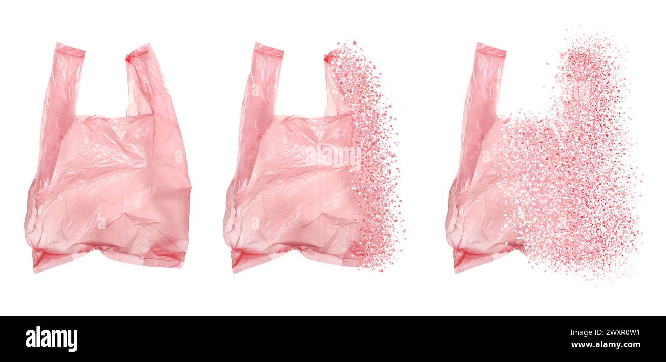 Pink disposable bag vanishing on white background, set. Plastic ...
