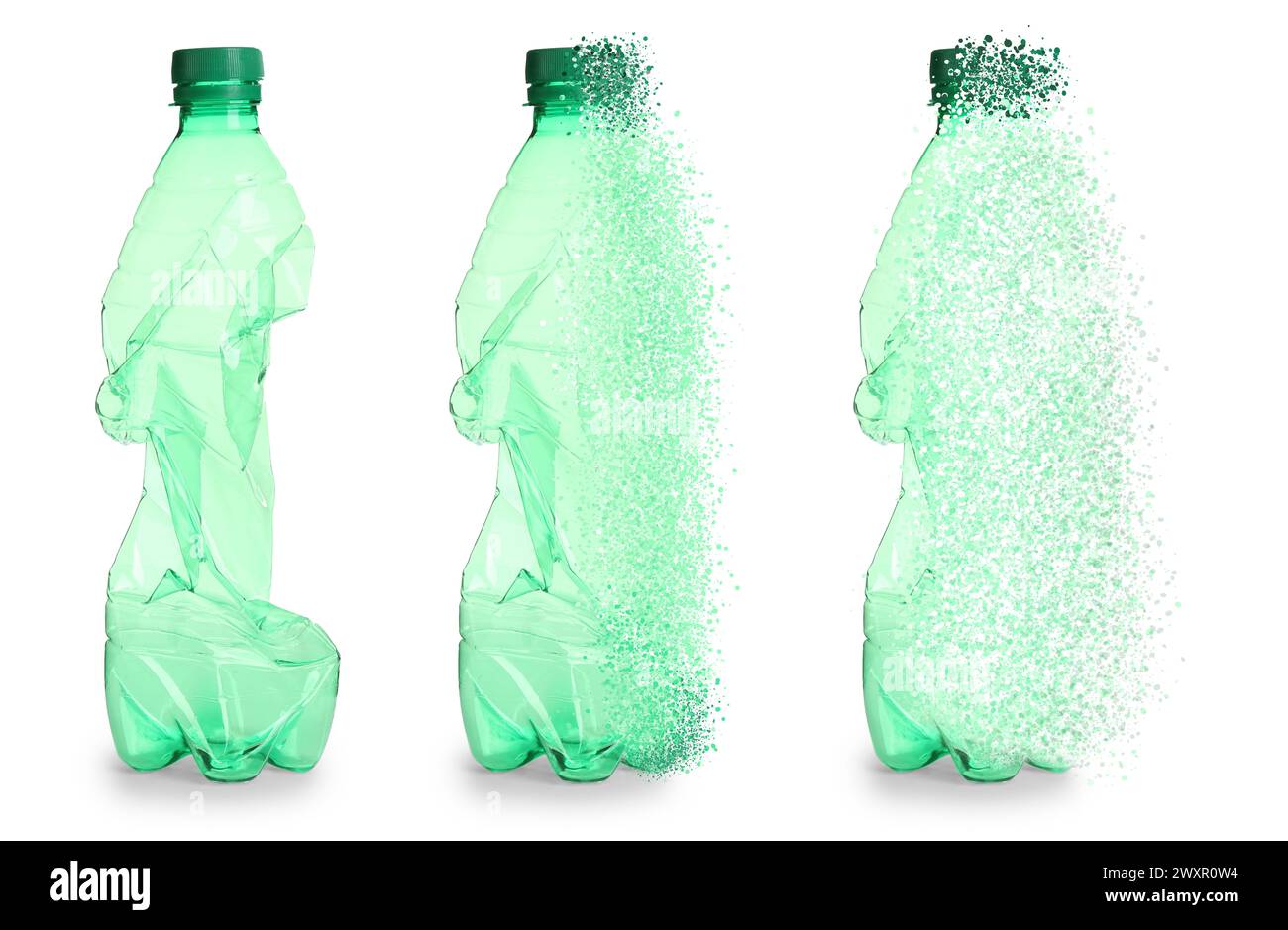 Empty green bottle vanishing on white background, set. Plastic ...