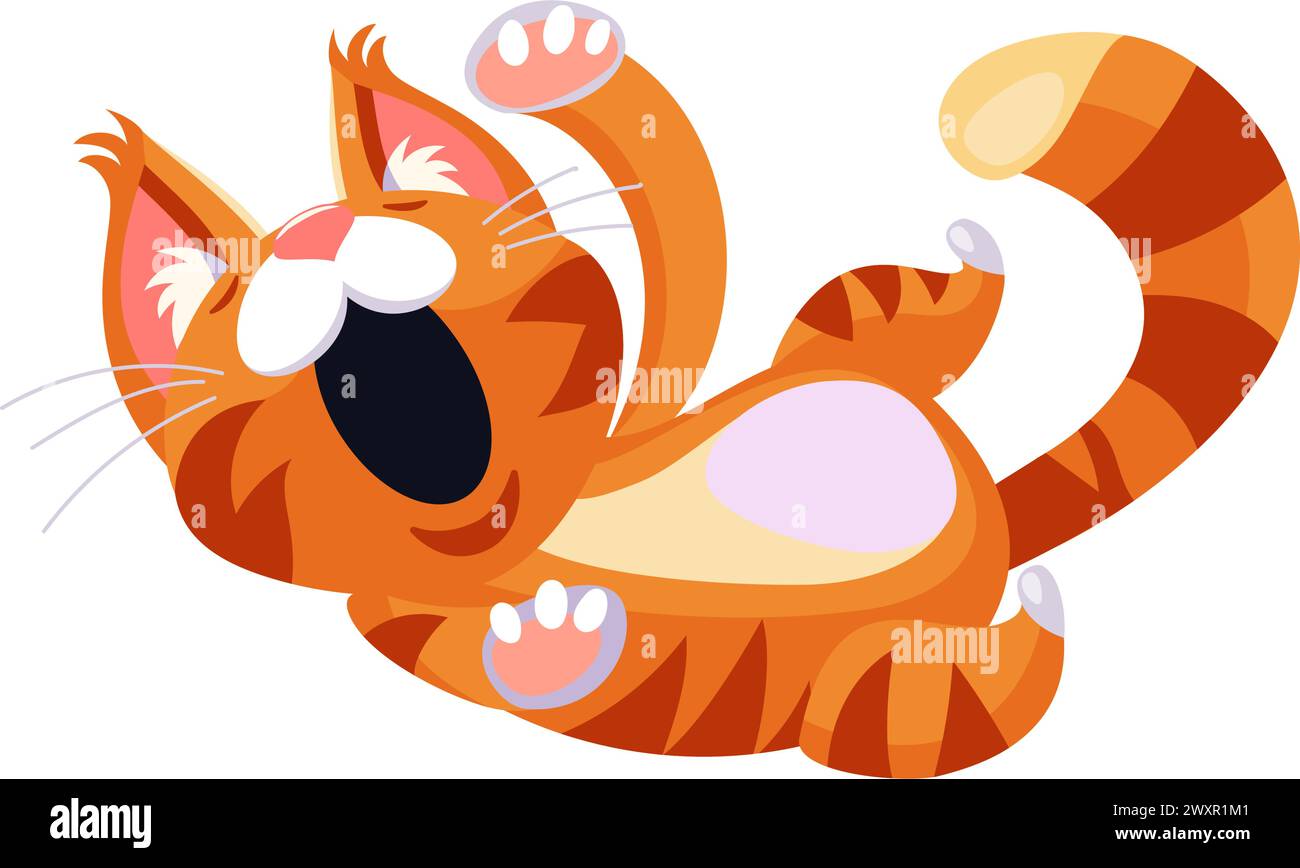 Cute big tabby ginger Cat yawning sweetly, lying on his back, cartoon ...