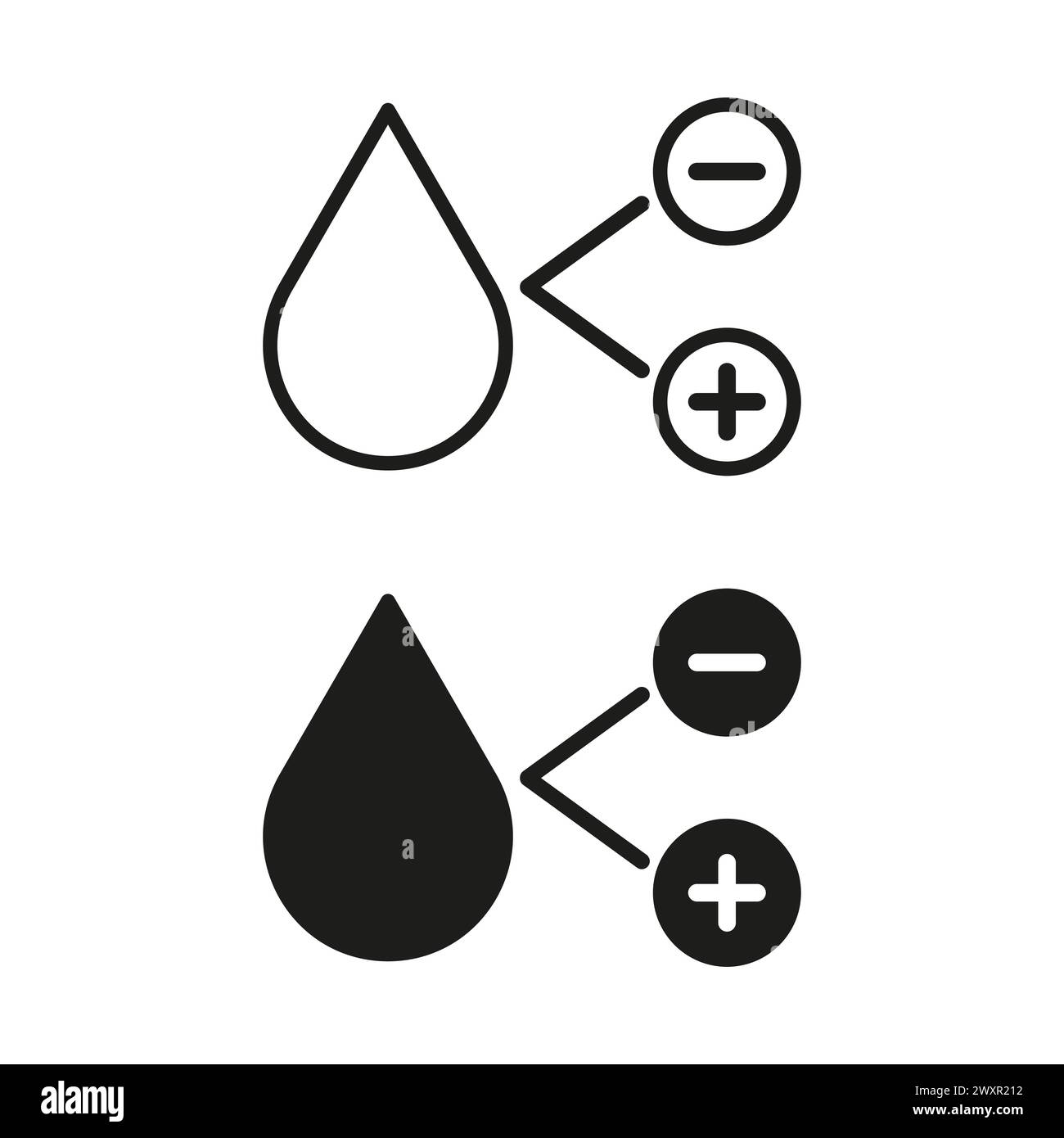 Humidity level adjustment icons. Water drop with plus and minus signs ...