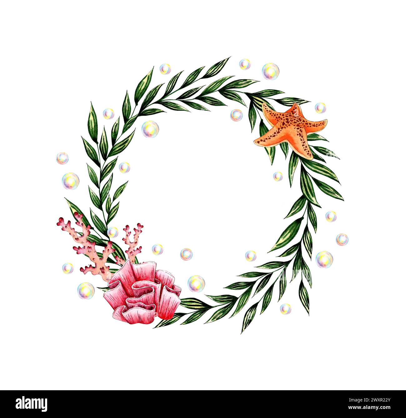 Watercolor illustration round frame of the underwater world with algae ...