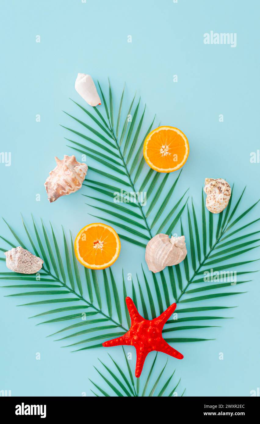 Tropical beach concept made with green palm leaves, red starfish ...