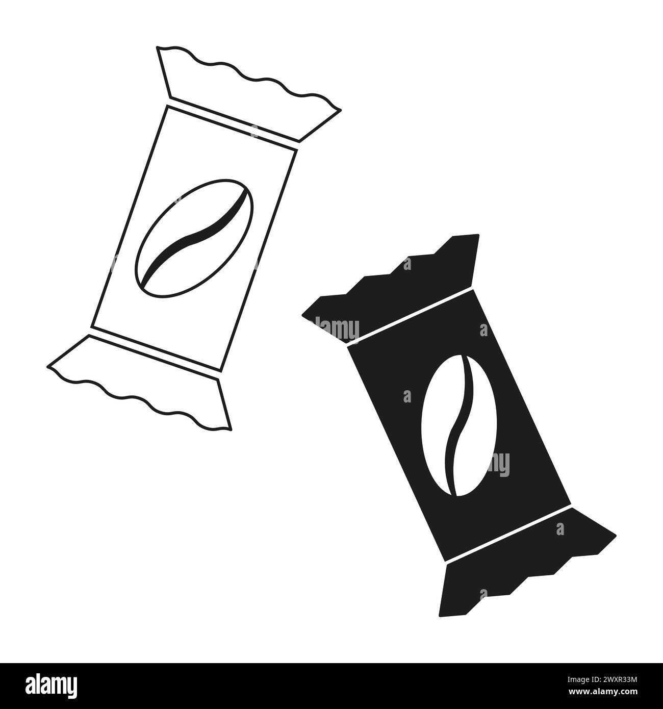 Snack bar icons set. Torn packaging with coffee bean symbol. Vector ...