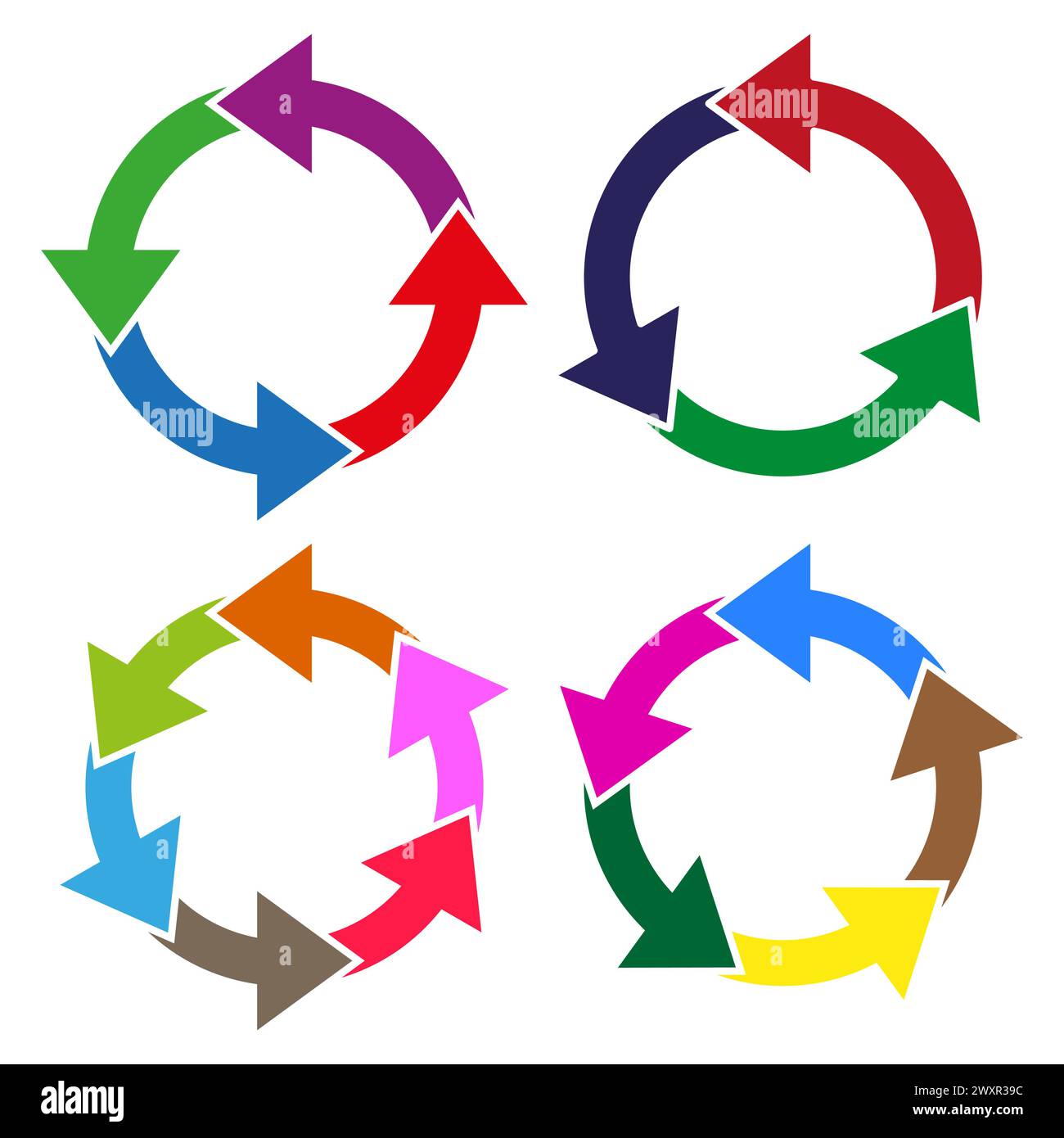 Colorful recycle arrows set. Circular environmental icons. Conservation symbols. Vector ...