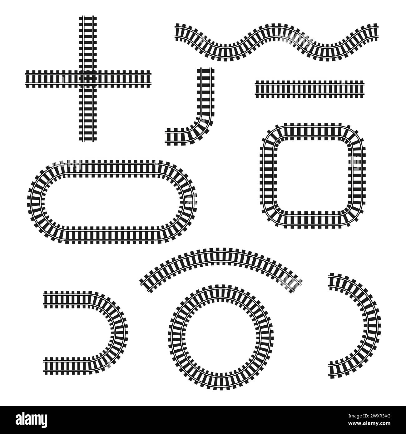 Railroad Tracks Variety Set Train Track Silhouettes Transportation Paths Vector Illustration