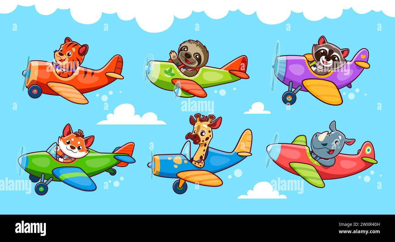 Cartoon baby animal characters on planes. Tiger and sloth, raccoon and ...
