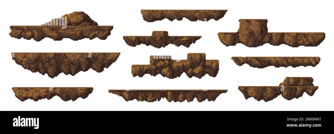 8 bit arcade pixel art game rock stone and mountain platforms, vector ...