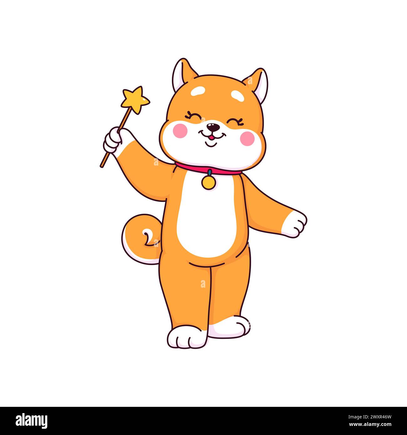 Cartoon japanese happy shiba inu puppy dog character with magic wand ...