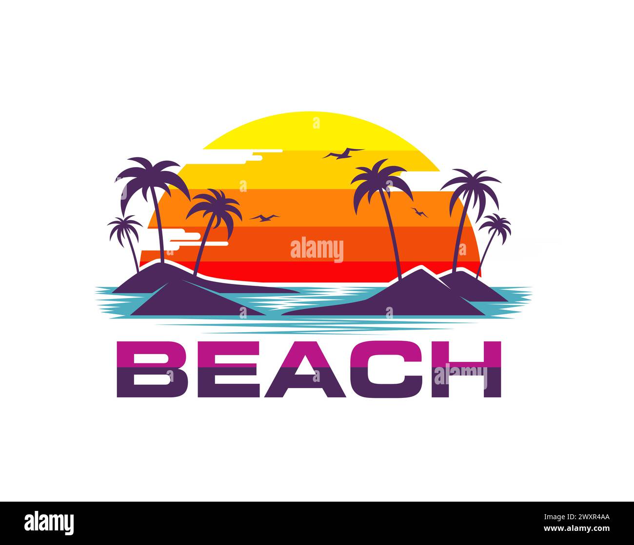 Tropical summer beach icon featuring palm trees on islands, vibrant ...