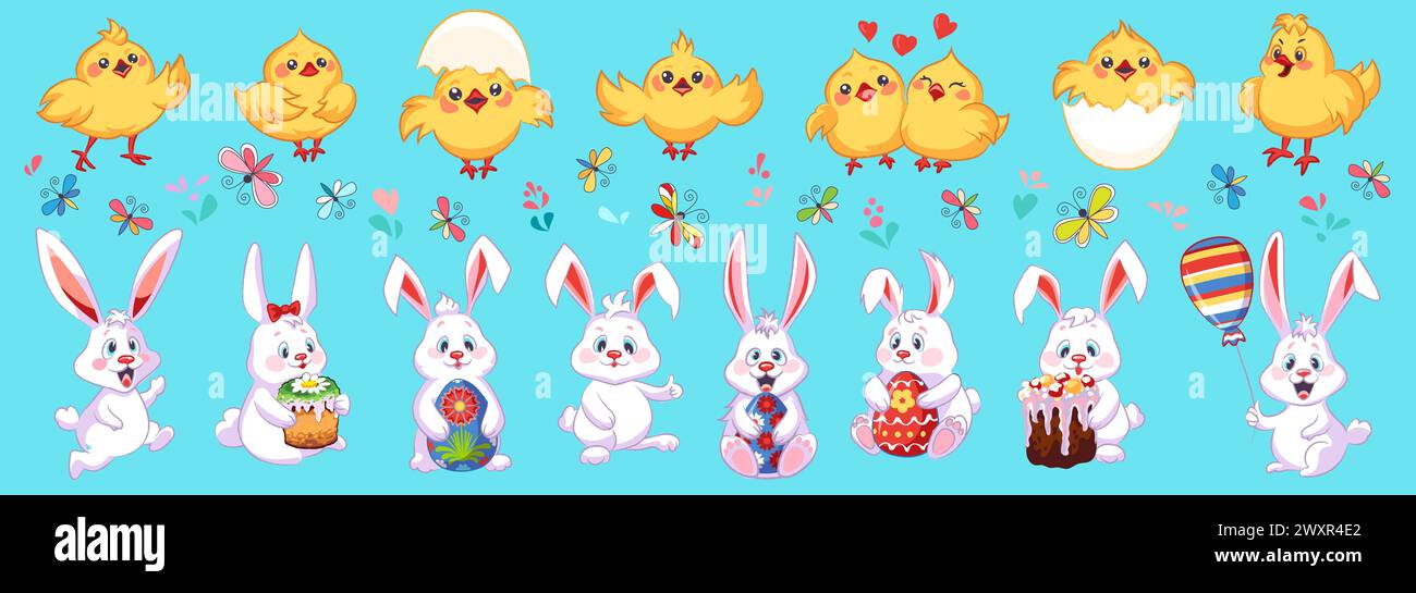 Set of Happy Easter characters, Easter bunny, eggs and chickens Stock ...