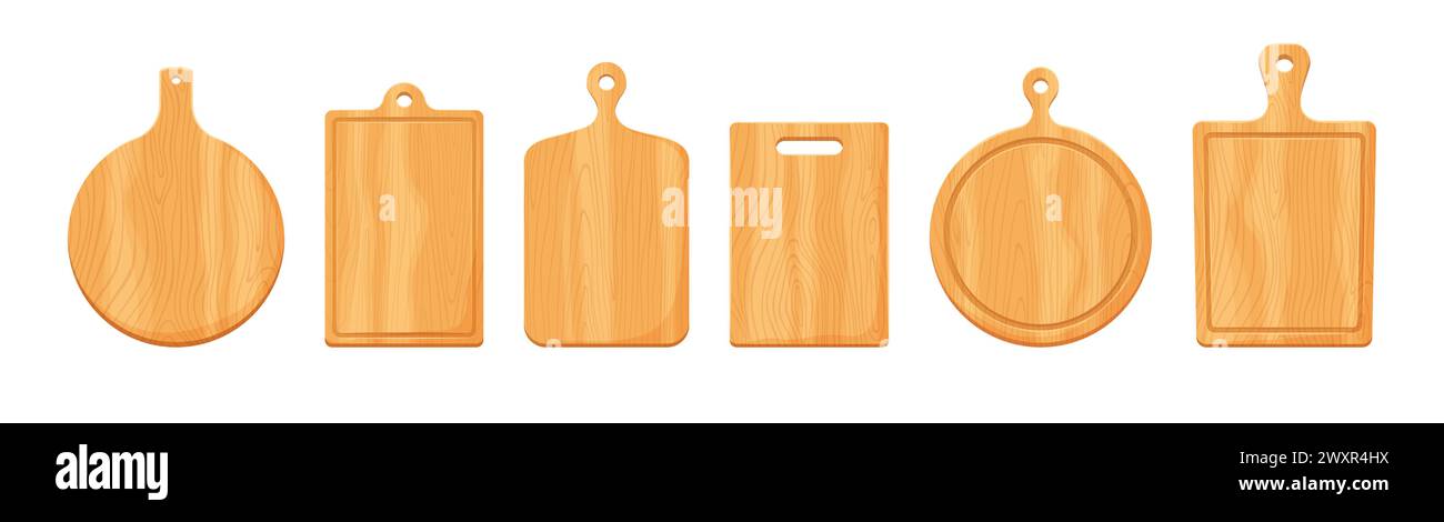 Cartoon wooden kitchen chopping boards, vector food cooking tools ...